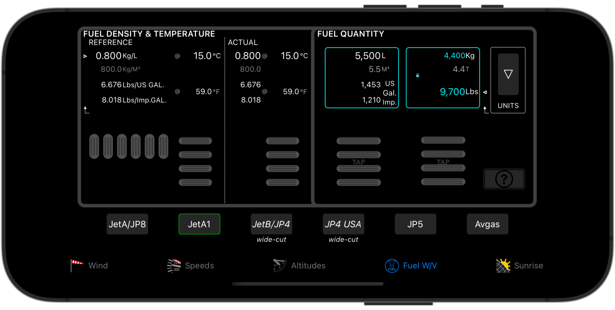 FUEL WEIGHT AND VOLUME – E6BJet Flight Computer App